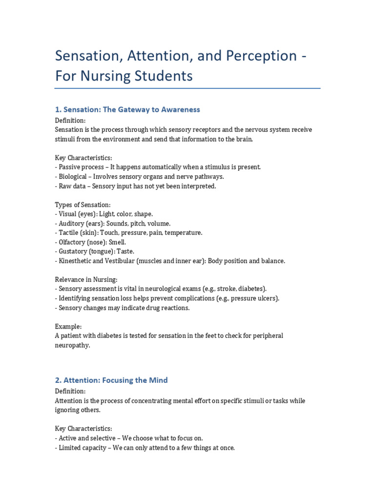 Sensation Attention Perception Nursing Notes | PDF | Senses | Perception