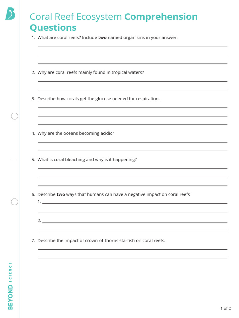 Coral Reef Ecosystems Comprehension Questions HA | PDF | Coral Reef | Coral