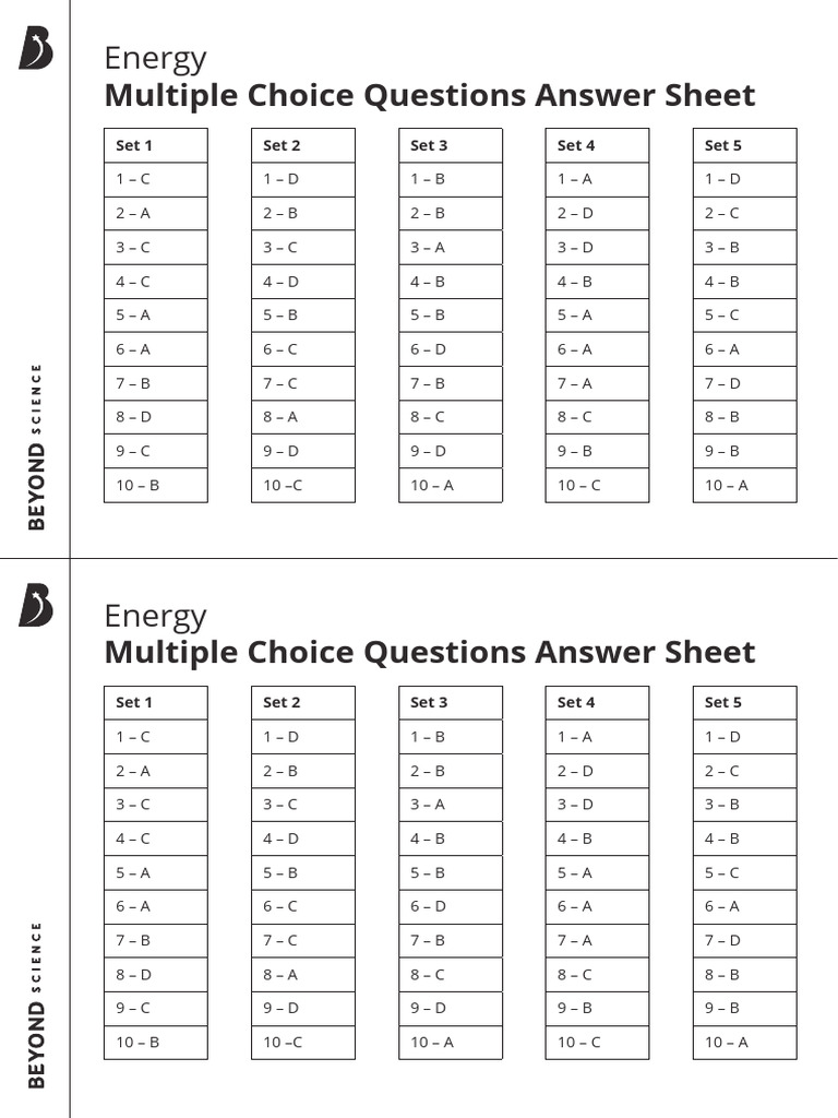 Energy Multiple Choice Questions Answer Sheet | PDF