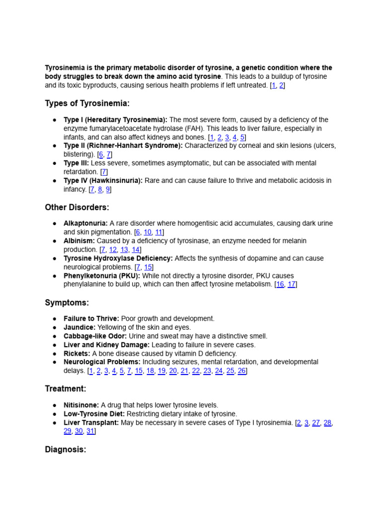 Tyrosinemia: Types and Treatments | PDF | Diseases And Disorders ...