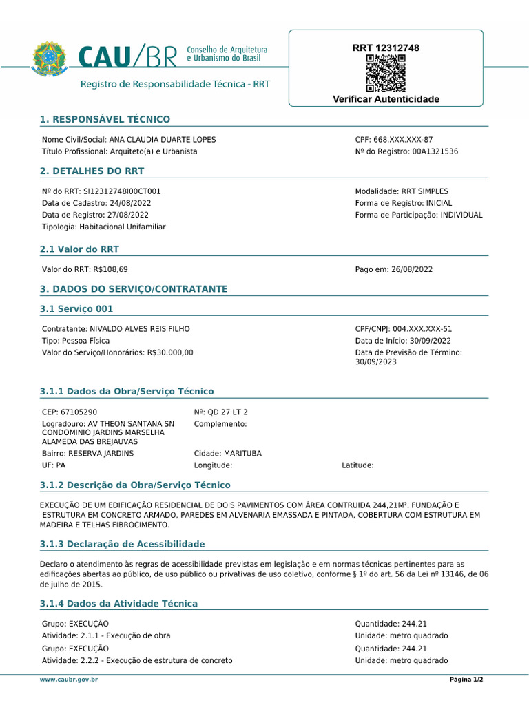 Execucao de Obra Nivaldo RRT | PDF