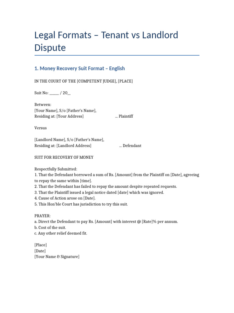 Tenant-Landlord Legal Formats Guide | PDF | Lawsuit | Eviction