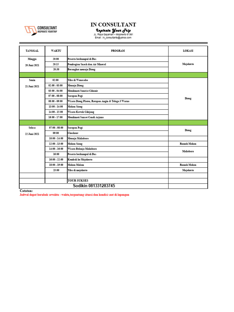 Jadwal Tour Dieng | PDF