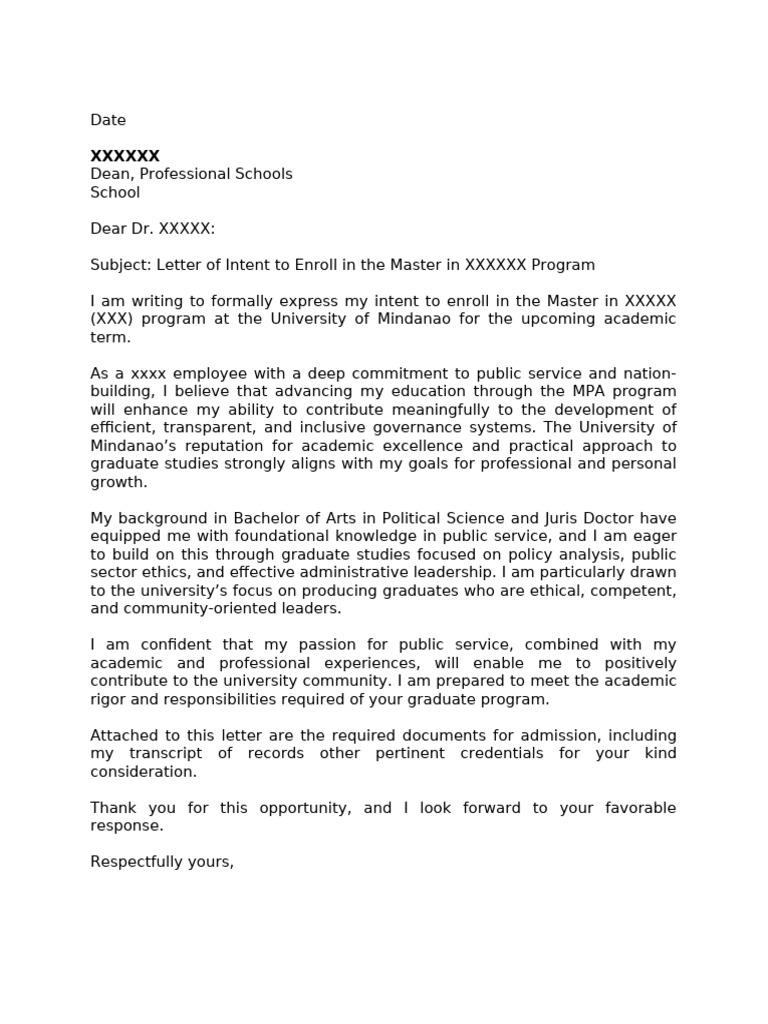 Letter of Intent for Master's Program | PDF