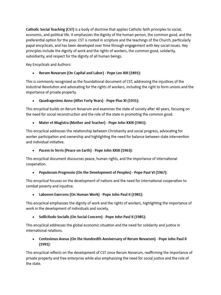 Catholic Social Teaching Summary With Encyclicals and Author | PDF ...
