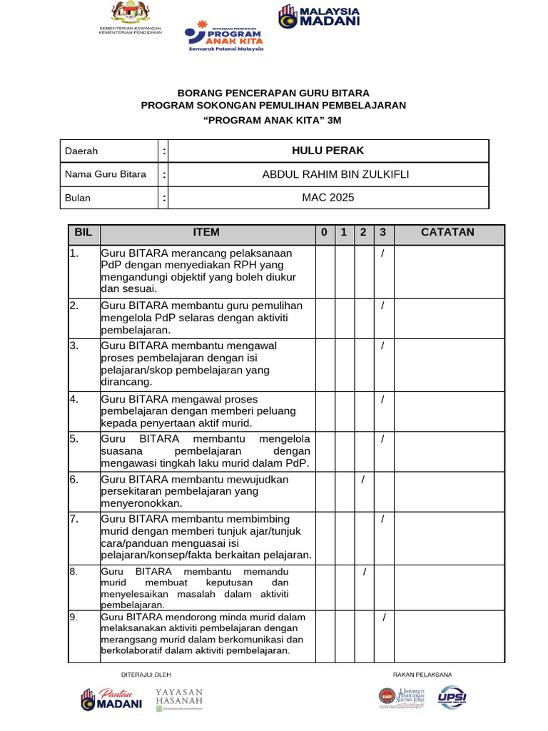 Borang Pencerapan Guru Bitara 2025 | PDF