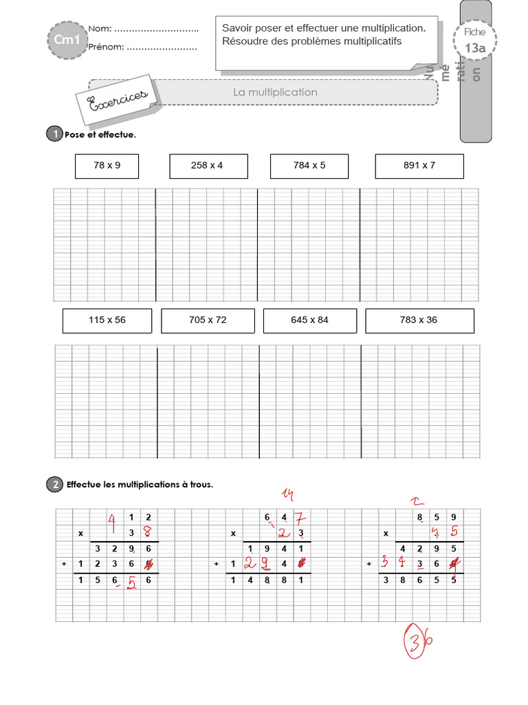 Exercices de multiplication CM1 | PDF