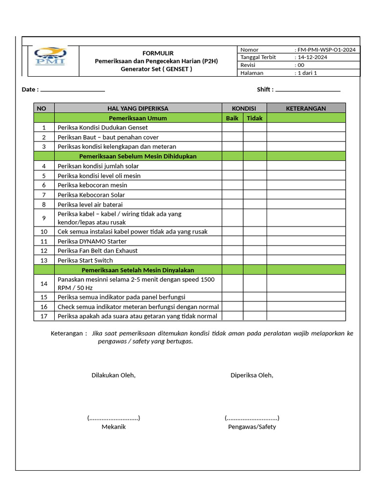 Formulir P2H Genset Harian | PDF