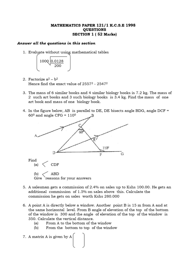 Kcse 1998 Mathematics Paper 1 | PDF | Area | Sphere