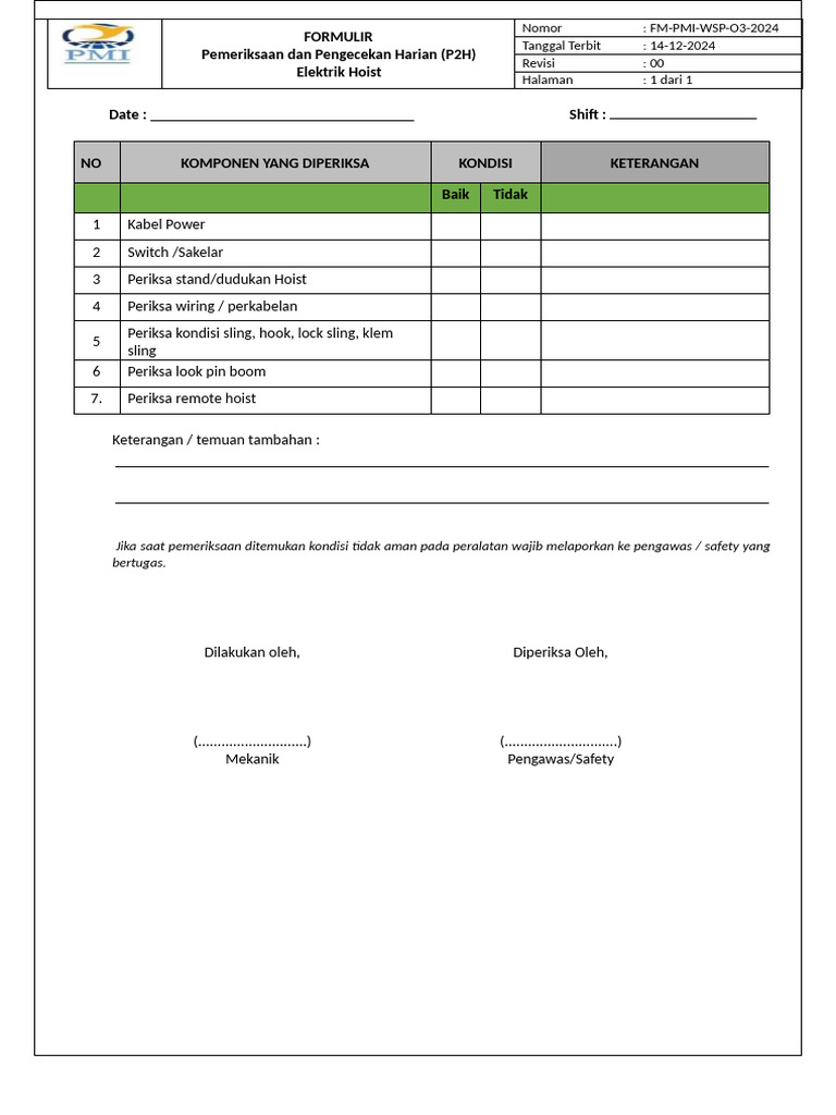 Form p2h Elektrik Hoist | PDF