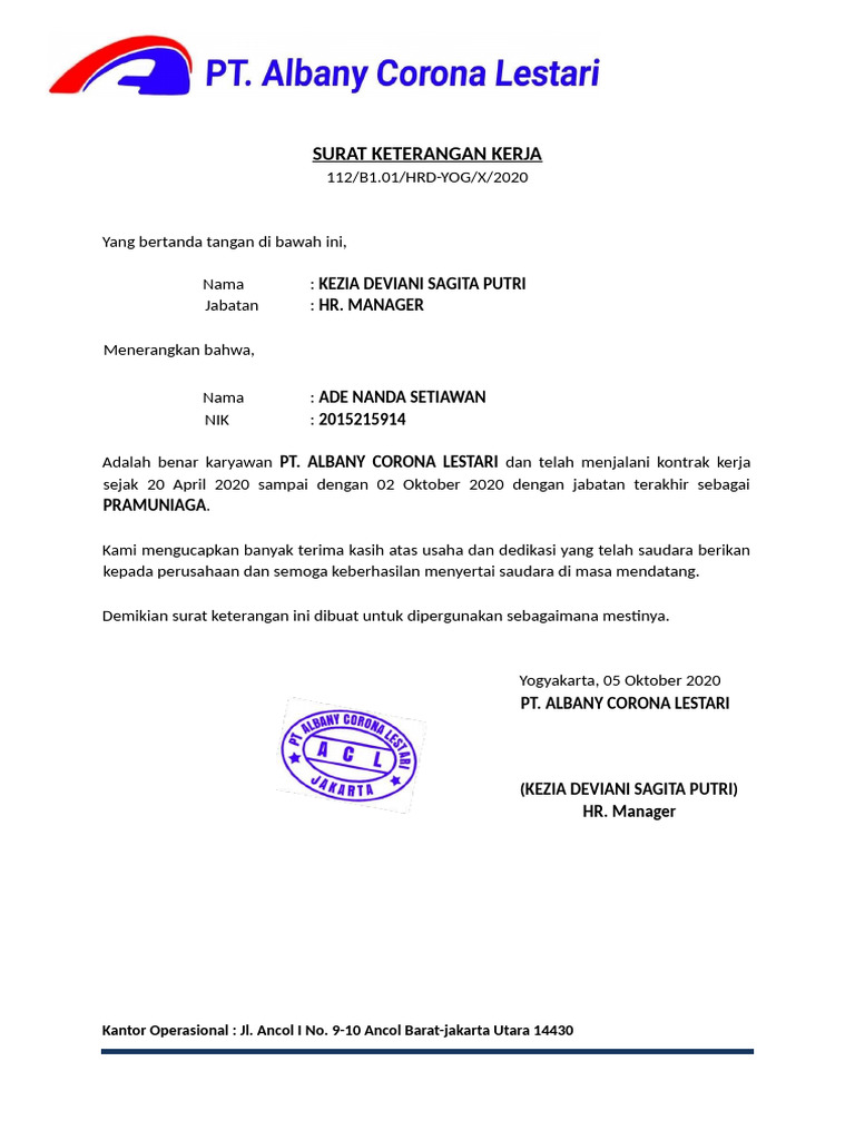 Surat Keterangan Kerja Karyawan PT ACL | PDF