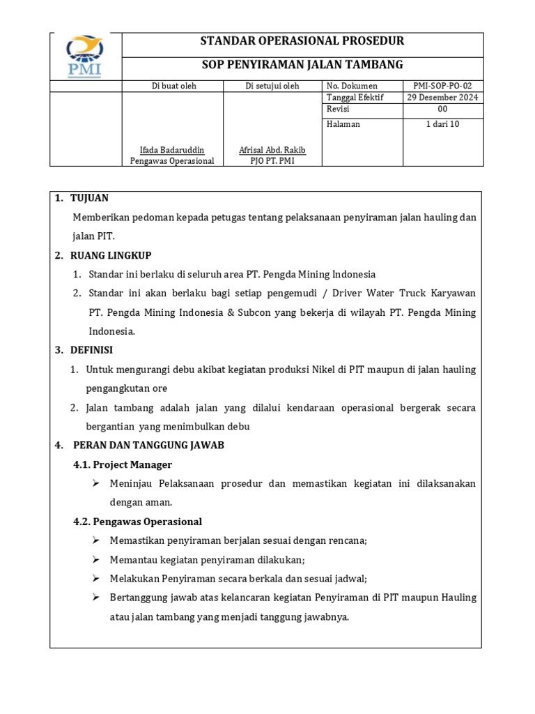 SOP Penyiraman Jalan Tambang PMI | PDF