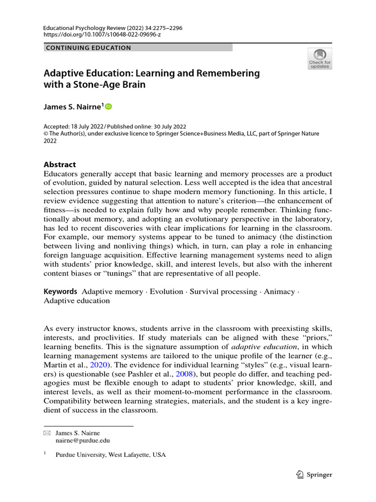 Adaptive Education - Learning and Remembering With A Stone Age Brain ...