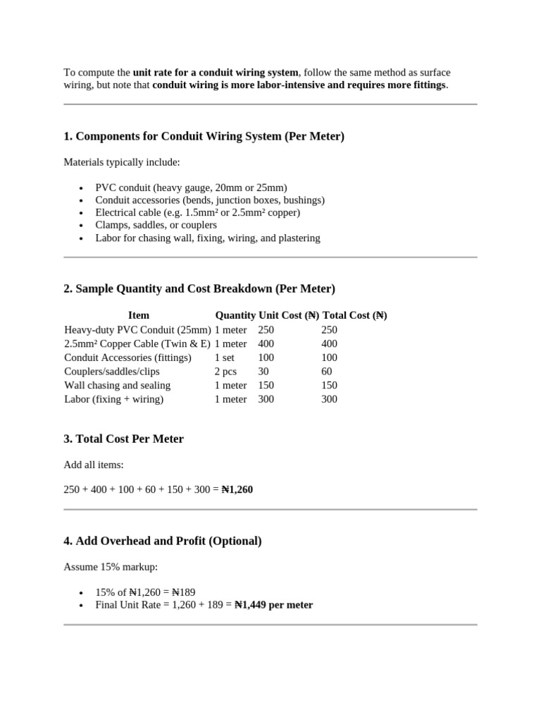 Conduit Wiring Cost Calculation Guide | PDF