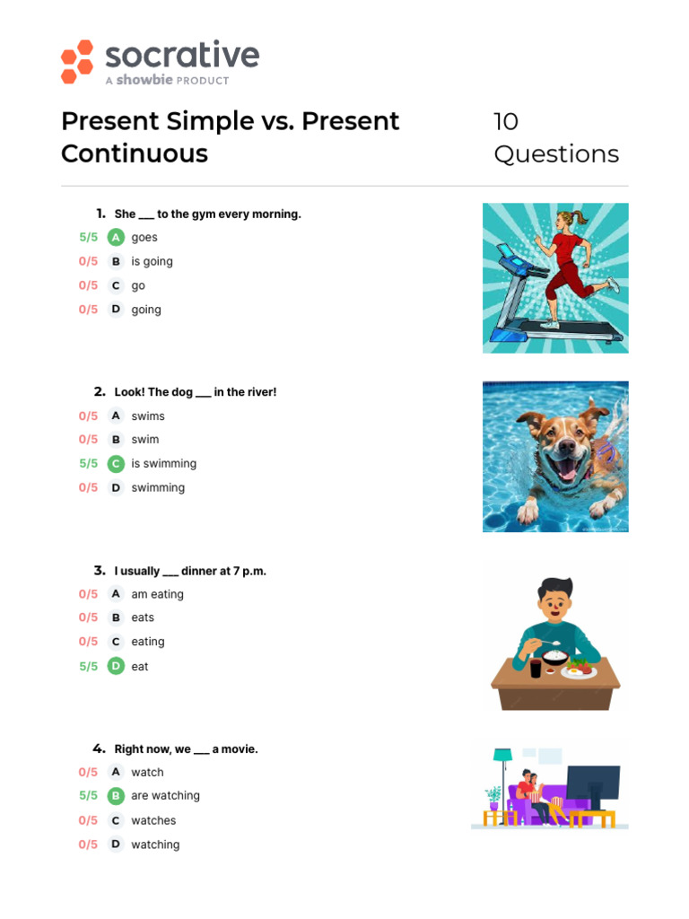Question 2025-08-01 20 58 QZ Present Simple vs. Present Continuous | PDF