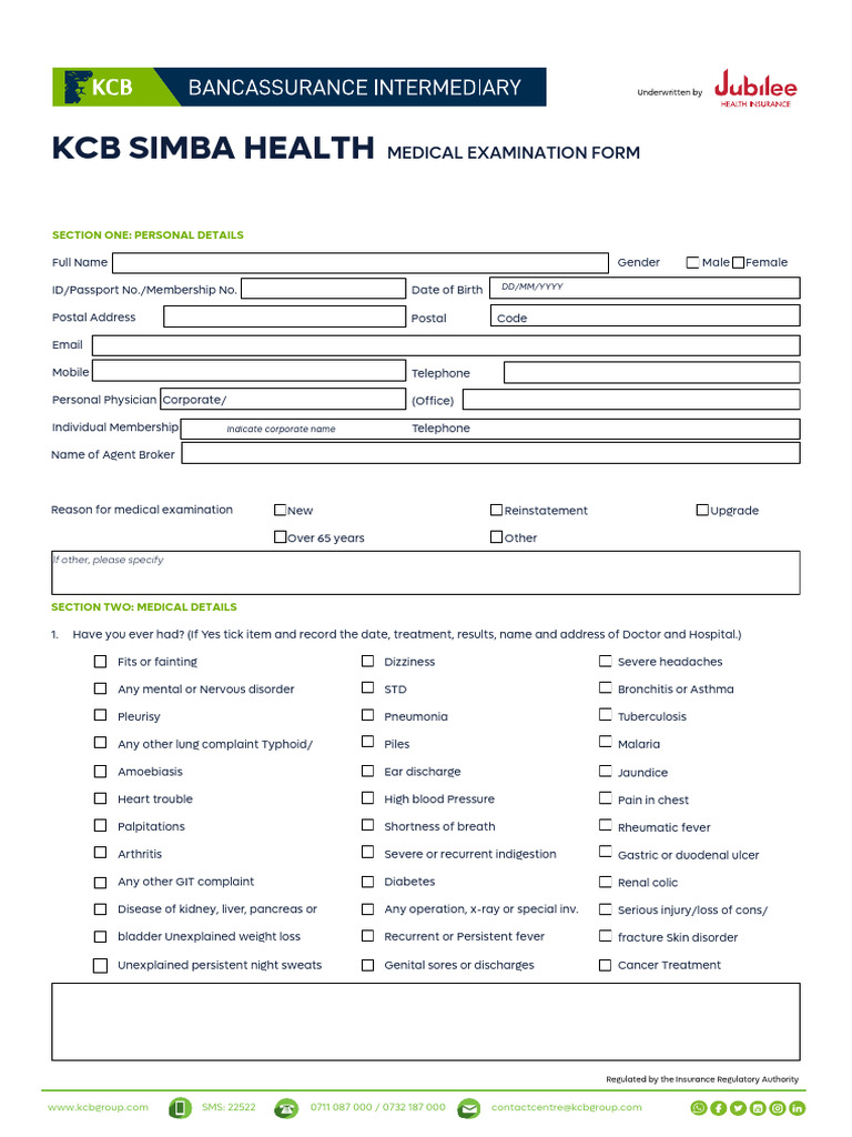 KCB Simba Health Medical Examination Form | PDF | Blood Pressure | Pulse