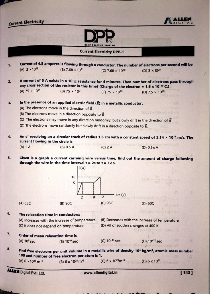 DPP 1 & 2 Current Electricity | PDF | Electric Current | Electrical Resistivity And Conductivity