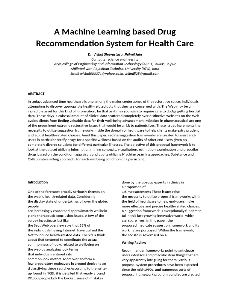 A Machine Learning Based Drug Recommendation System For Health Care | PDF | Machine Learning ...