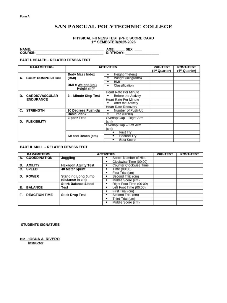 Fitness Test Score Card 1 COLLEGE - 105435 | PDF | Body Mass Index ...