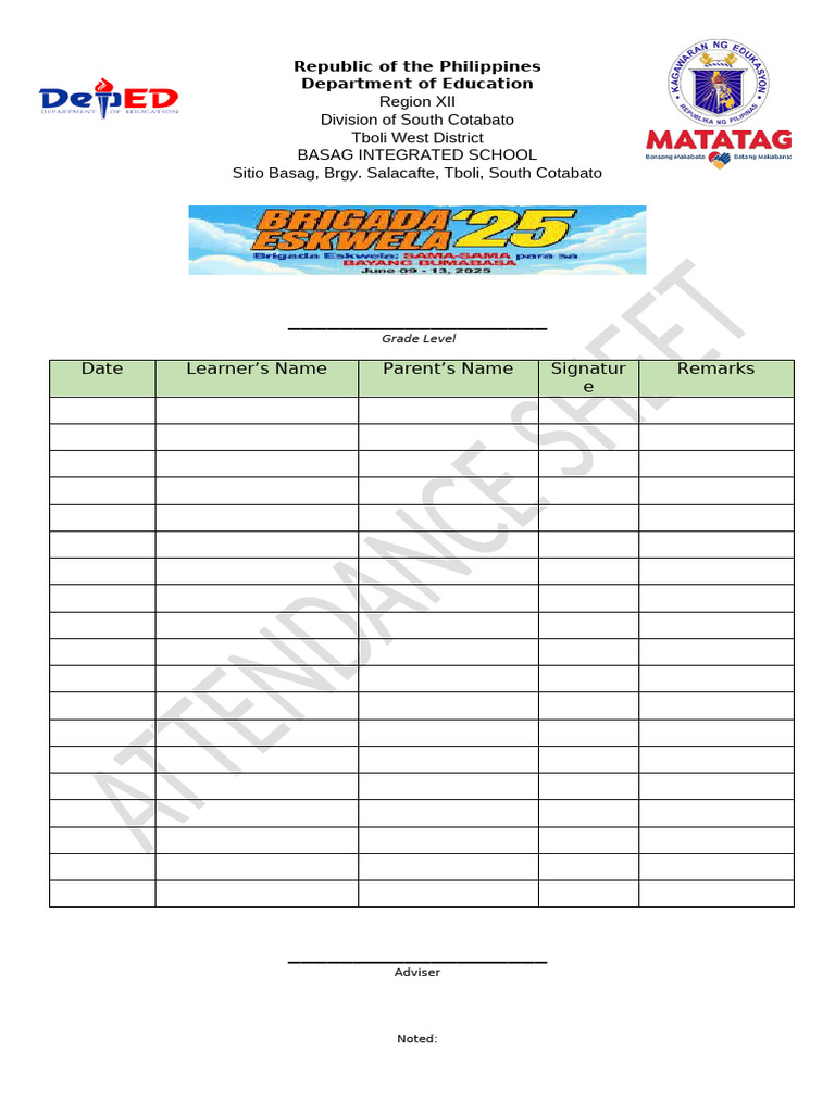 Brigada Eskwela Attendance Sheet | PDF