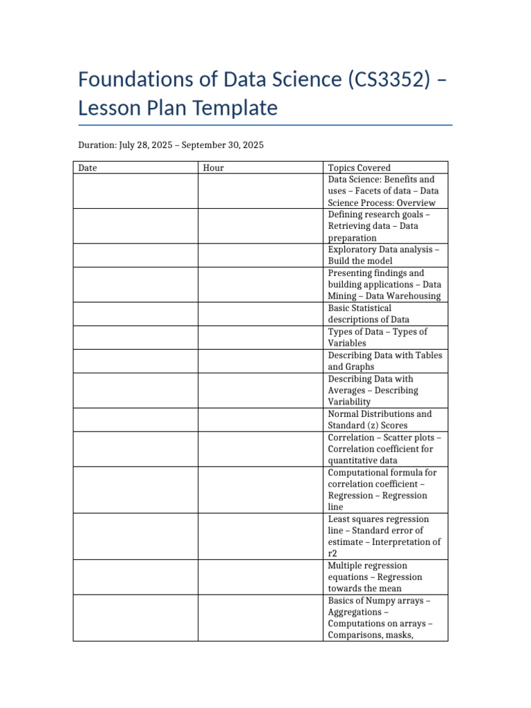Data Science Lesson Plan Template | PDF | Regression Analysis | Data