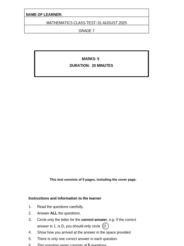 Grade 7 Math Test: August 2025 | PDF | Angle | Geometry