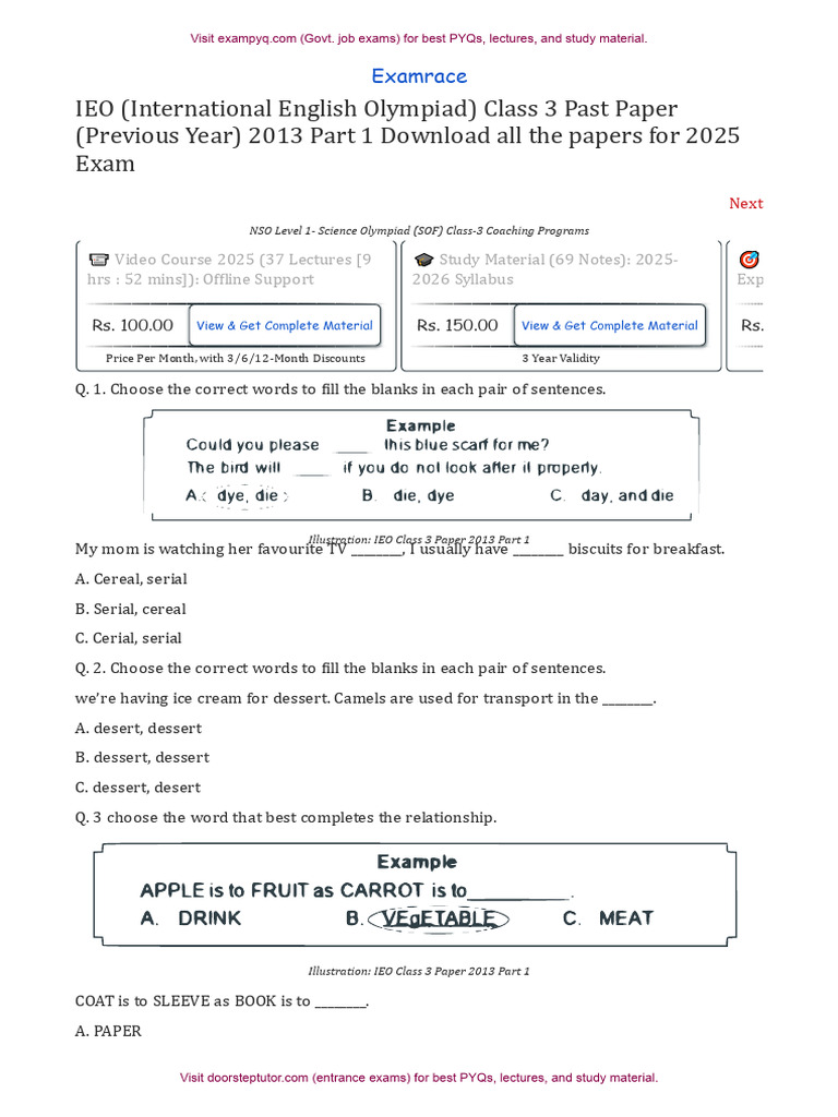 IEO Class 3 Past Paper 2013 Part 1 | PDF