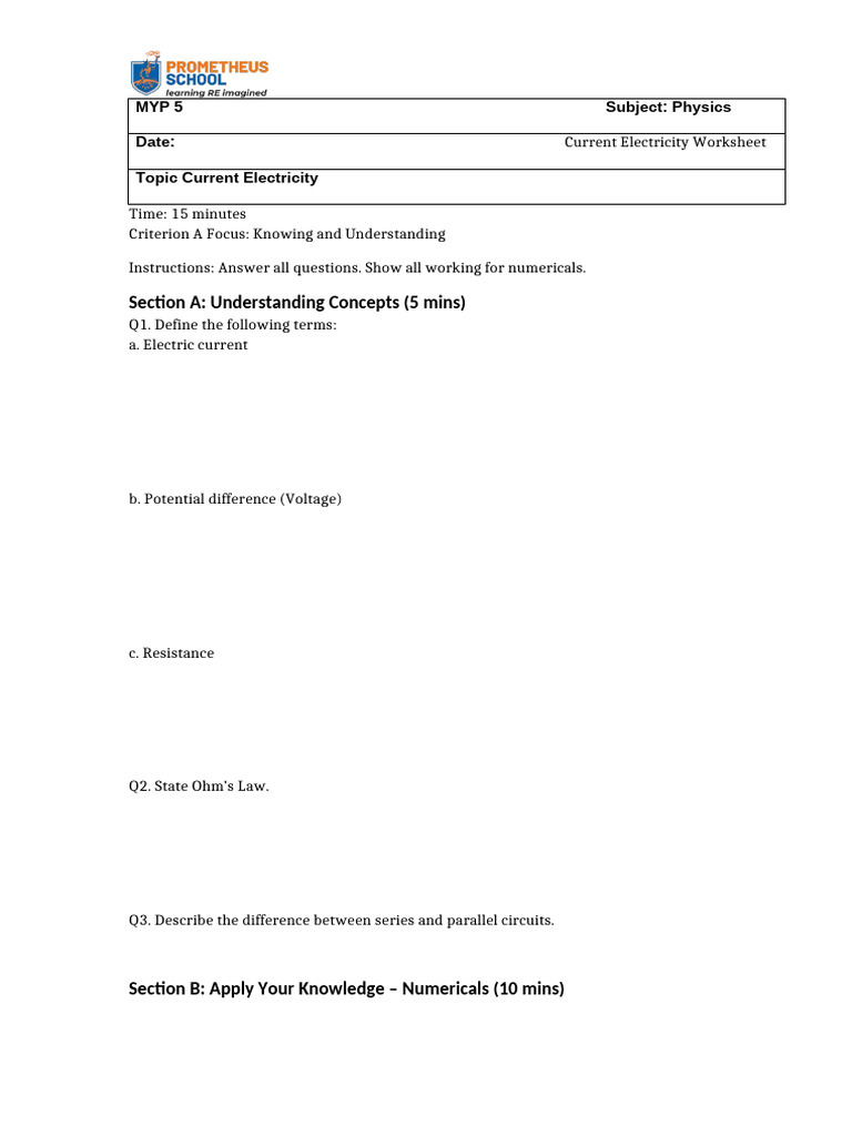 Current Electricity Worksheet MYP5 (1) | PDF