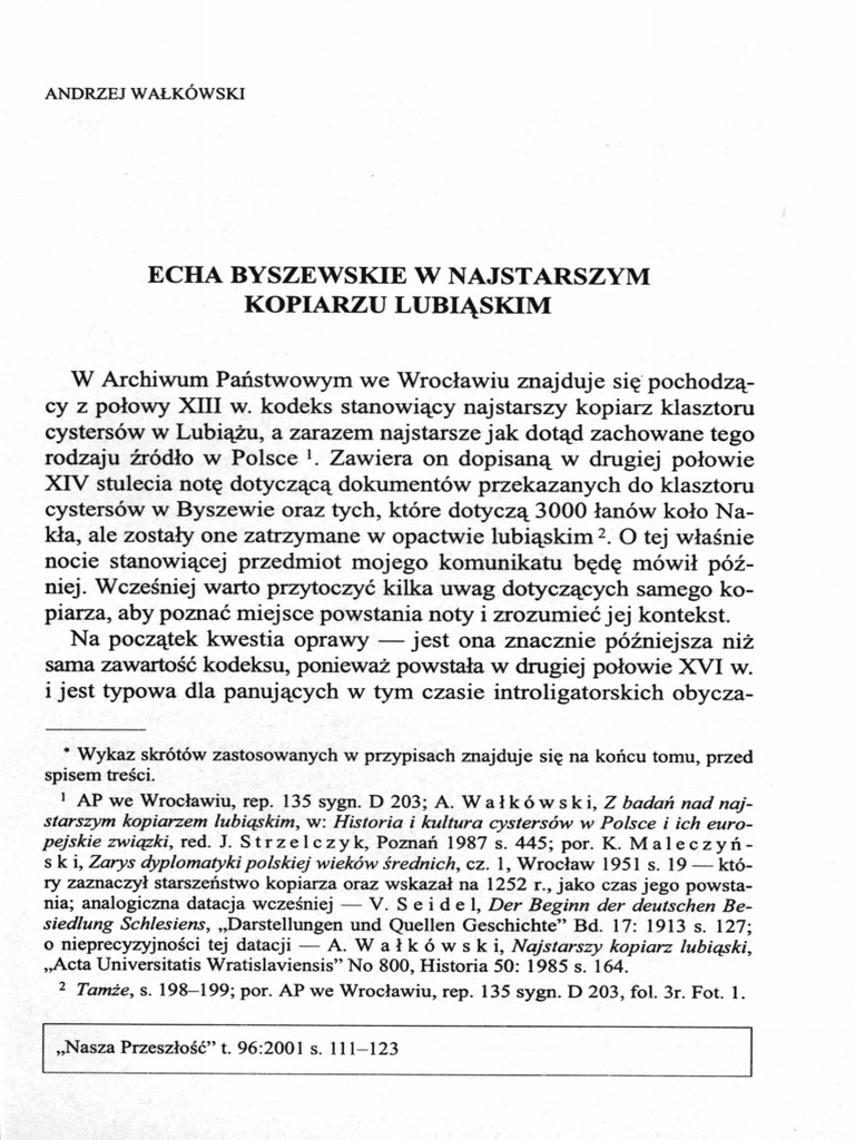 A. Wałkówski - Echa Byszewskie W Najstarszym - Kopiarzu Lubiąskim | PDF