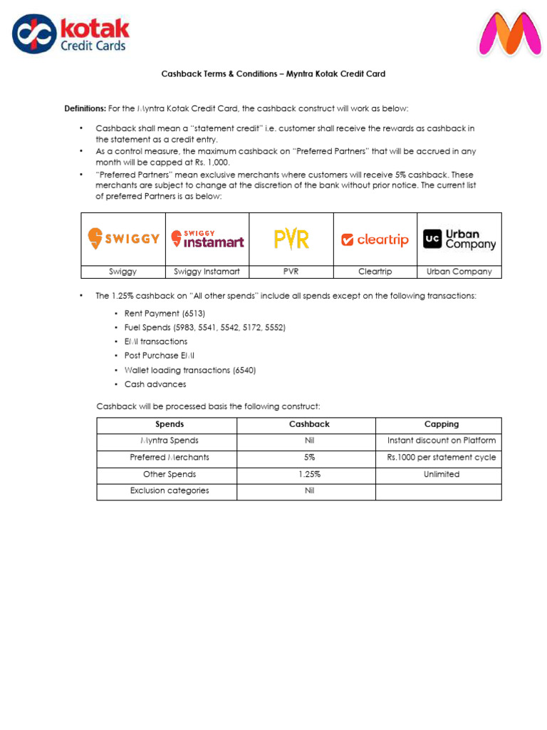 Myntra Kotak Credit Card Cashback Guide | PDF | Credit Card | Financial ...