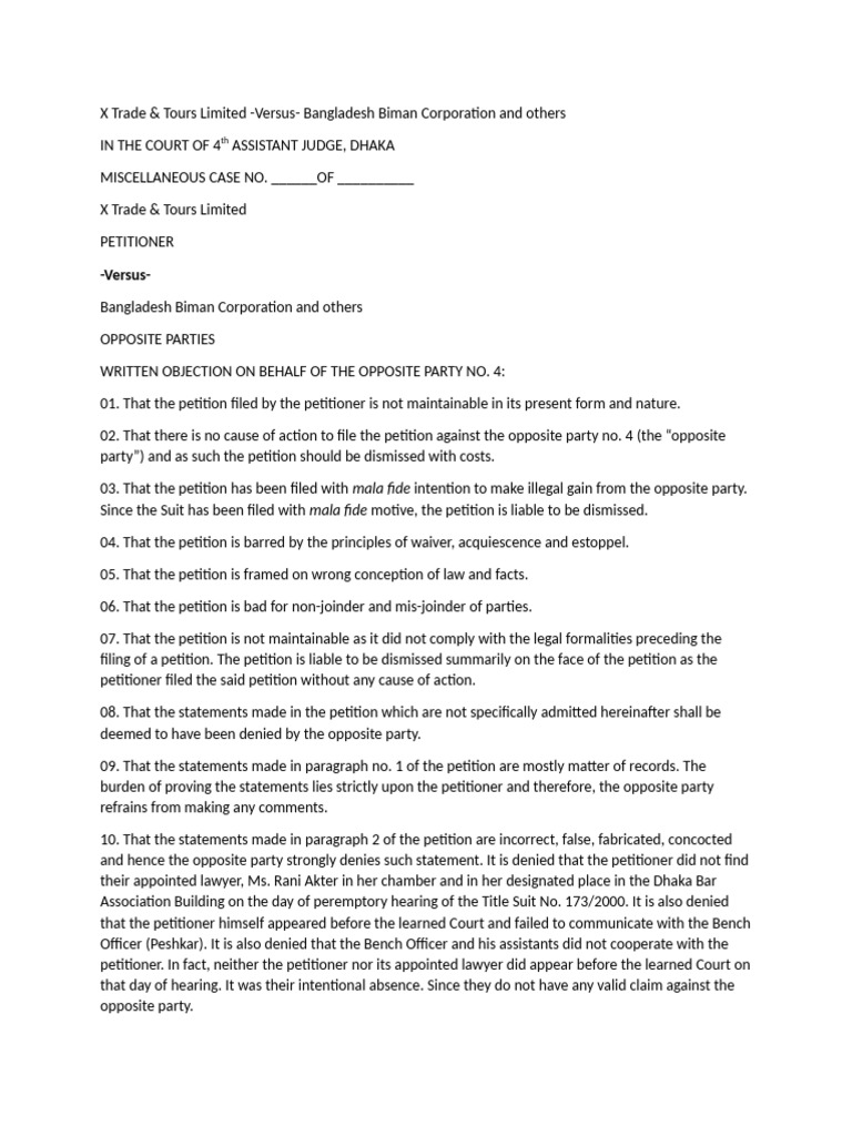 Written Objection On Behalf of The Opposite Party No. | PDF | Common ...