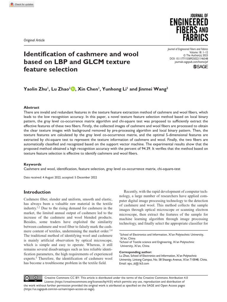 Zhu Et Al 2023 Identification of Cashmere and Wool Based On LBP and GLCM Texture Feature ...