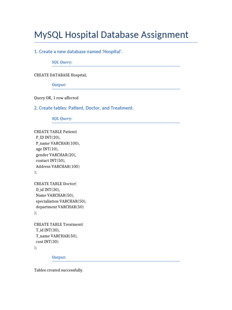 MySQL Hospital Assignment | PDF