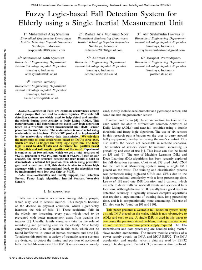 Fuzzy Logic Fall Detection for Elderly | PDF