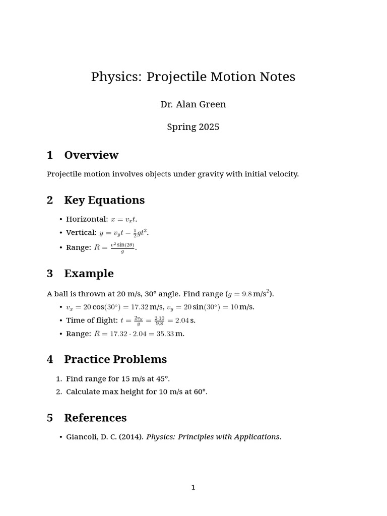 Physics: Projectile Motion Notes: 1 Overview | PDF