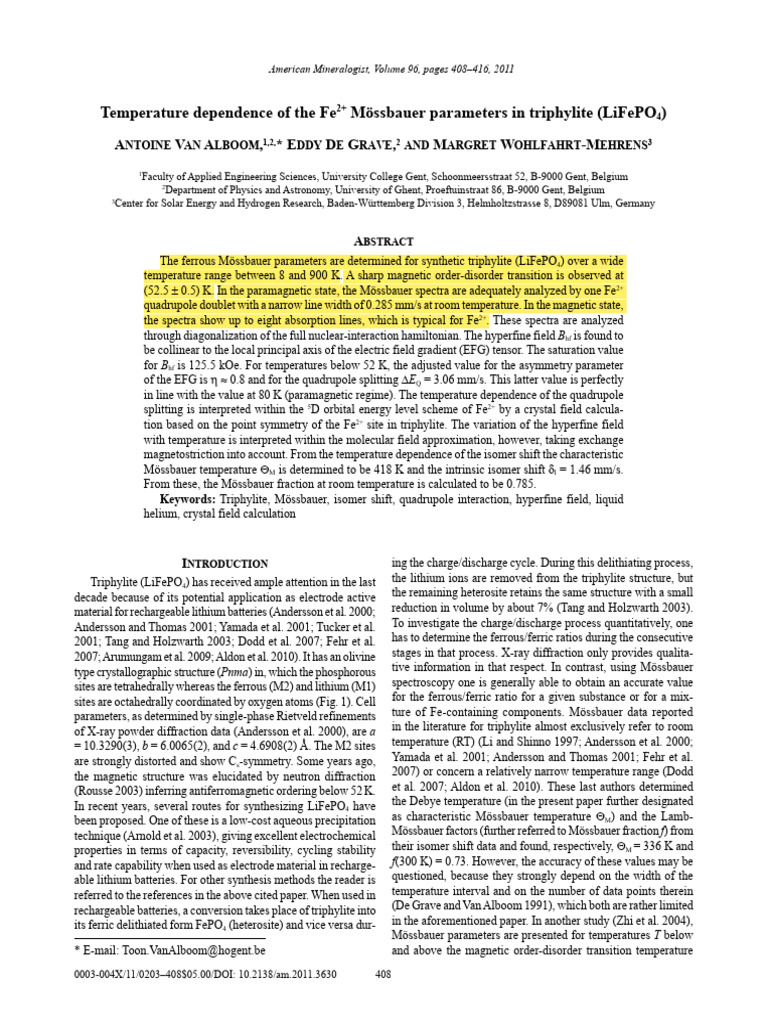 Temperature dependence of the Fe2+ Mössbauer parameters in triphylite (LiFePO4) | PDF ...