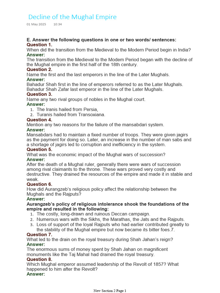 Decline of The Mughal Empire | PDF | Mughal Empire | Indian Rebellion ...