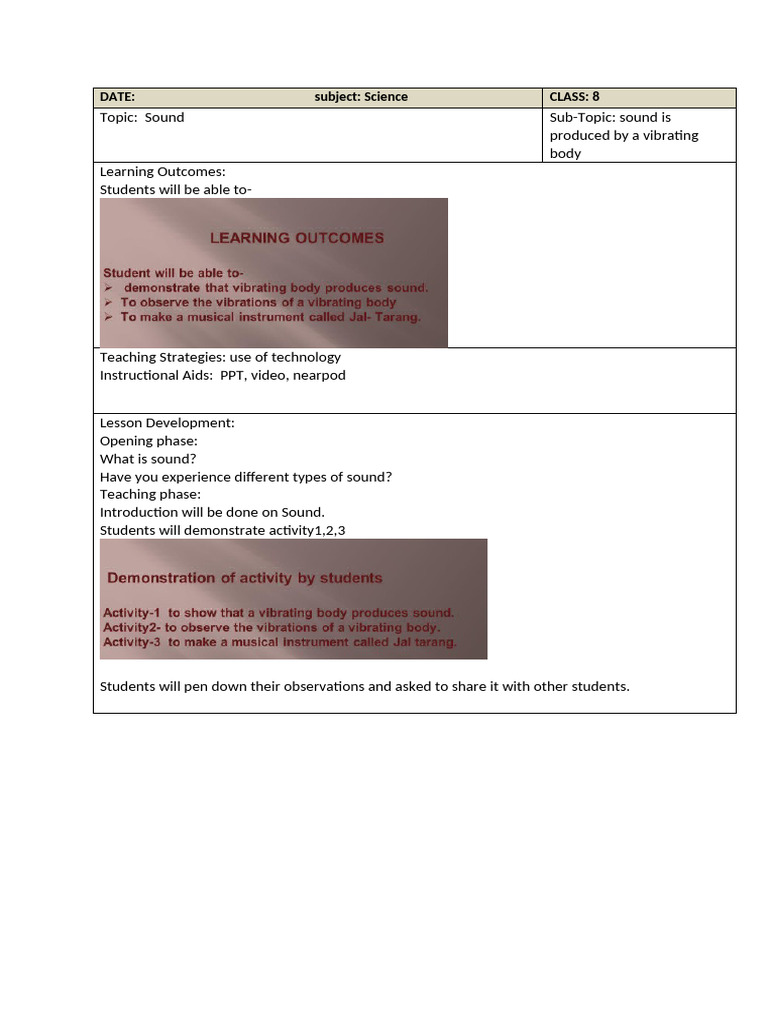 Class 8 Sound Lesson Plan Overview | PDF | Sound | Learning