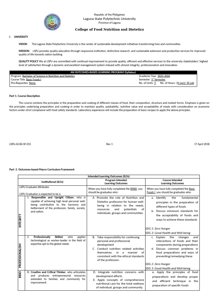 Syllabus Basic Foods 1-AY-25-26 WMC | PDF | Fruit Preserves | Foods