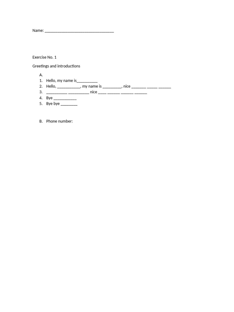 Exercise No. 1. Greetings and Introductions | PDF