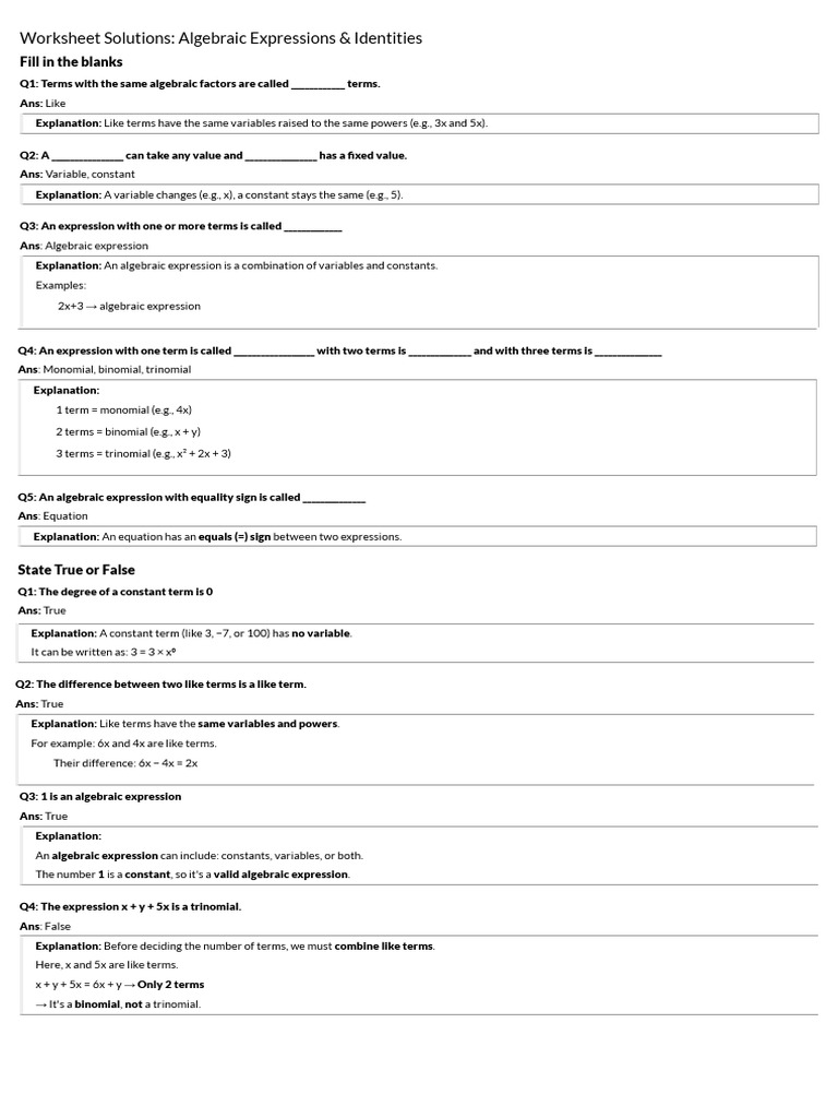 Class 8 Algebraic Expressions Worksheet | PDF | Variable (Mathematics ...
