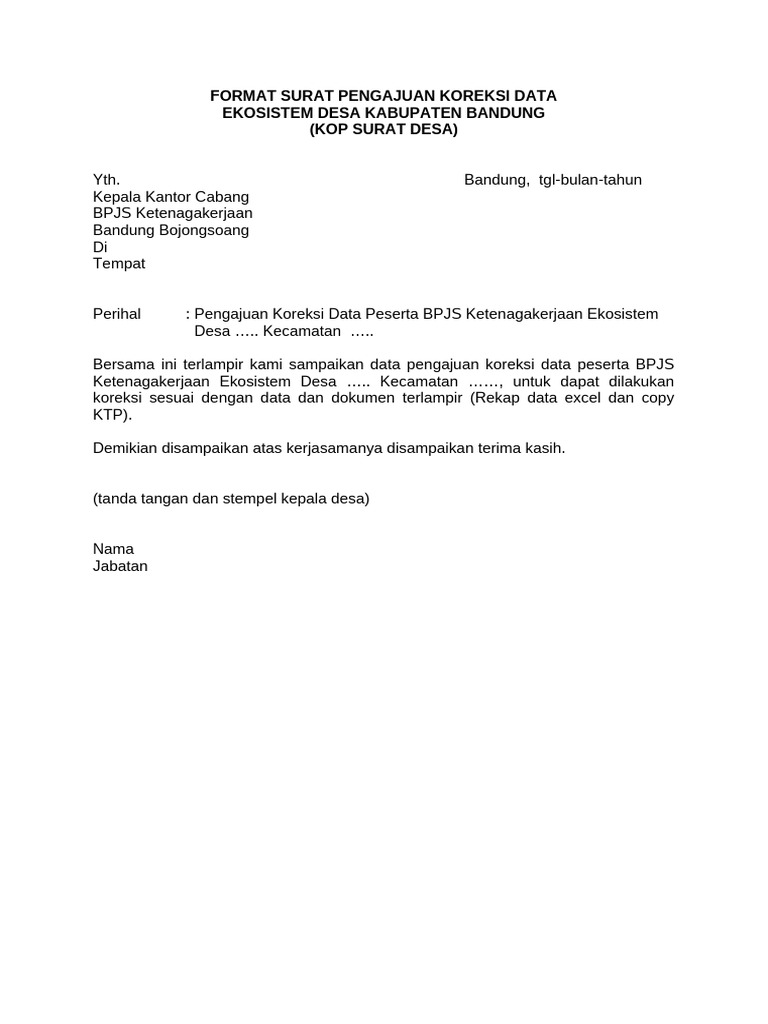 Format Surat Pengajuan Koreksi Data | PDF