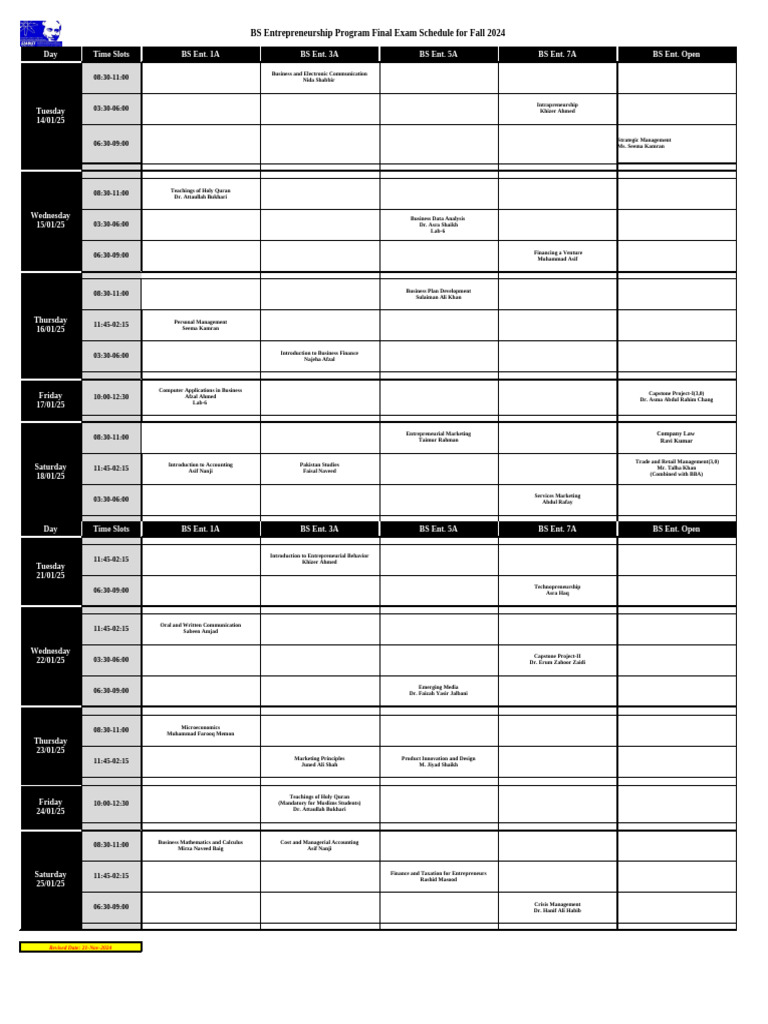 BS Entrepreneurship Program Final Exam Schedule For Fall 2024 | PDF ...