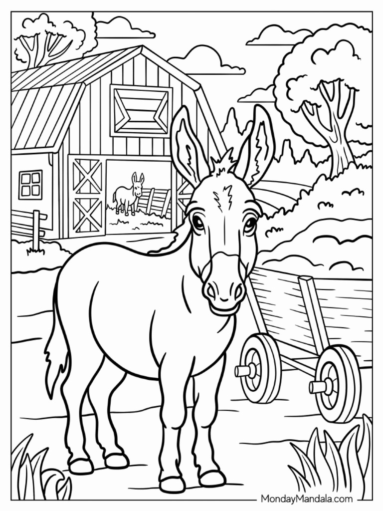 Farm Animal Donkey Standing Near Barn and Wooden Cart Coloring Page For ...