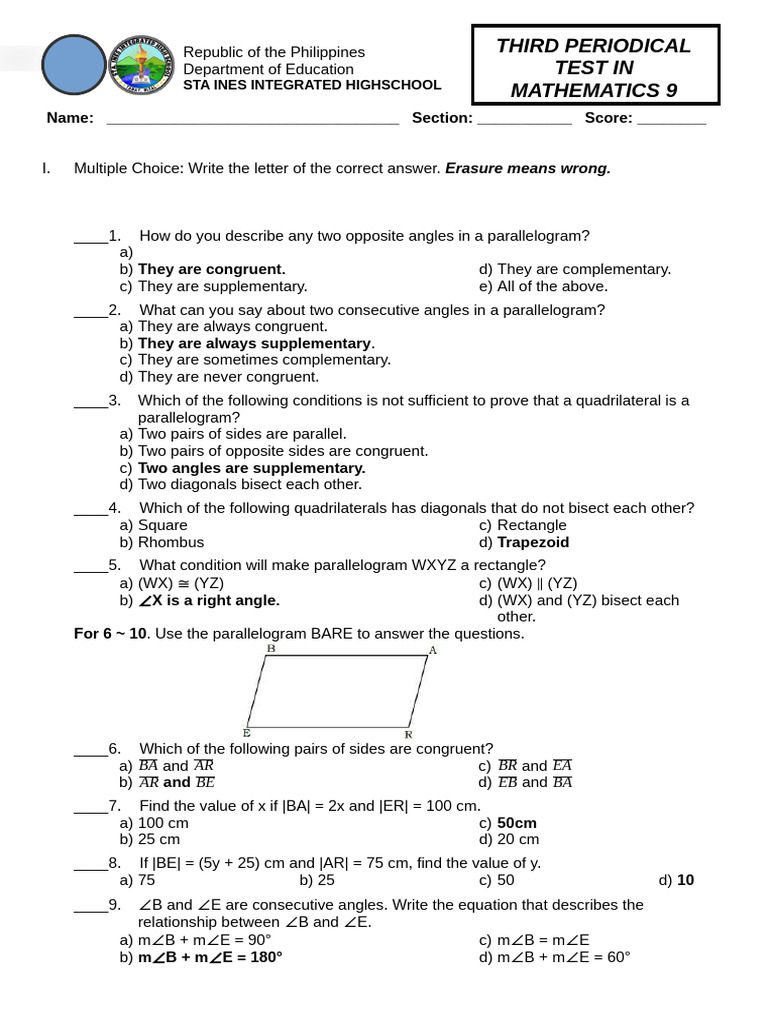 Mathematics 9 Periodical Test Guide | PDF | Rectangle | Triangle