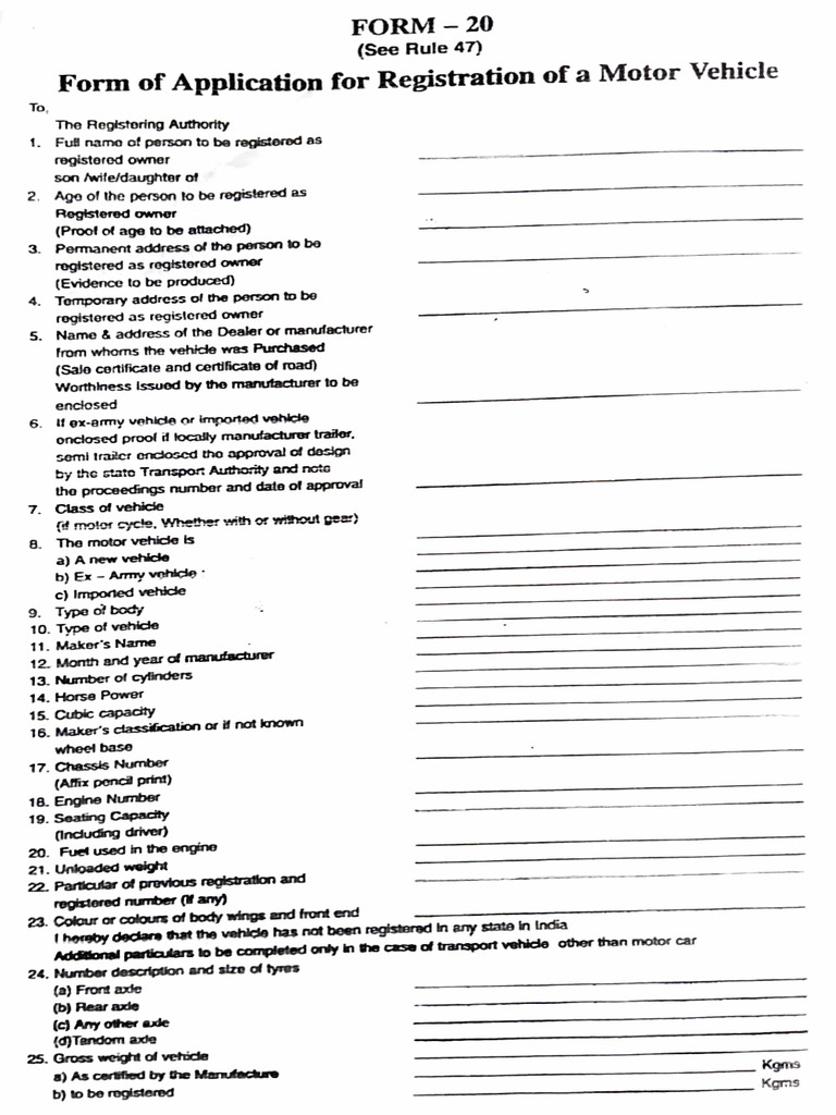 Form 20: Vehicle Registration Application | PDF | Manufactured Goods ...