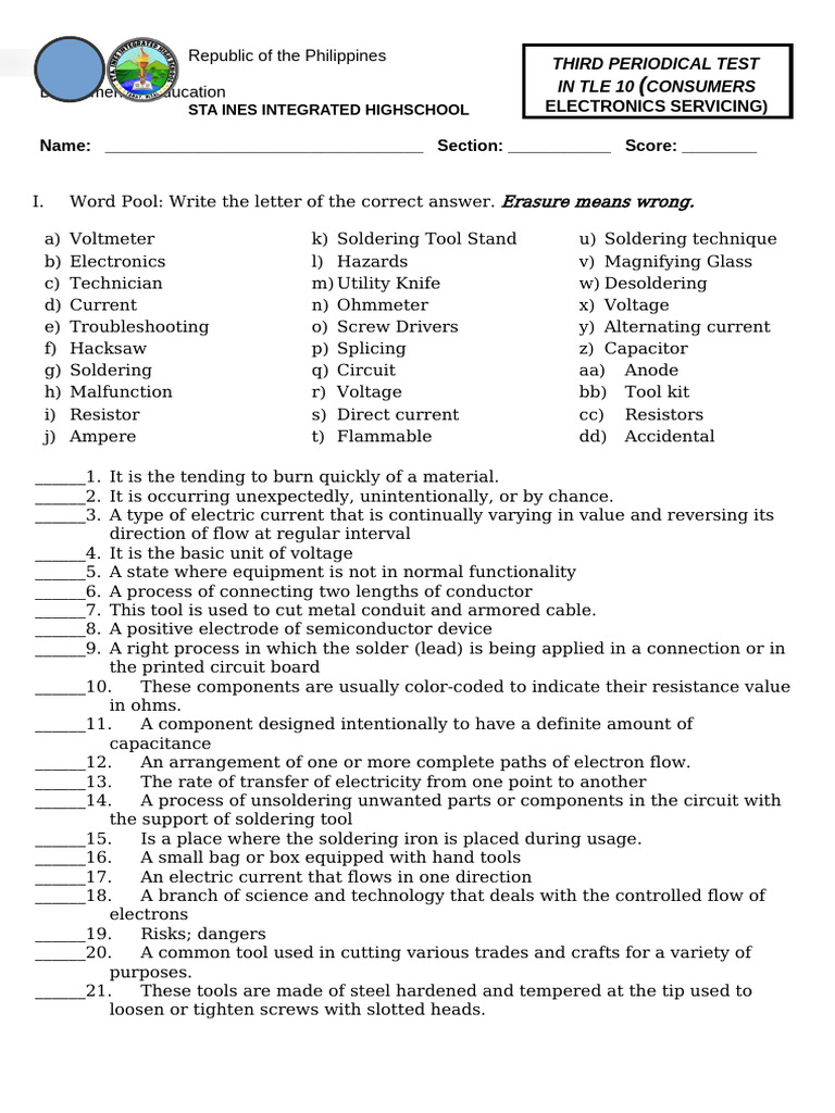 Tle 10 3rd Periodical Examination 2024 - 2025 | PDF | Electric Current | Resistor