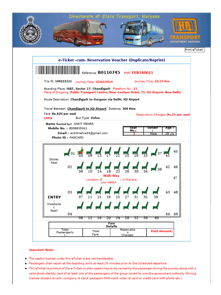 Haryana Roadways e-Ticket Details | PDF | Ticket (Admission) | Identity ...