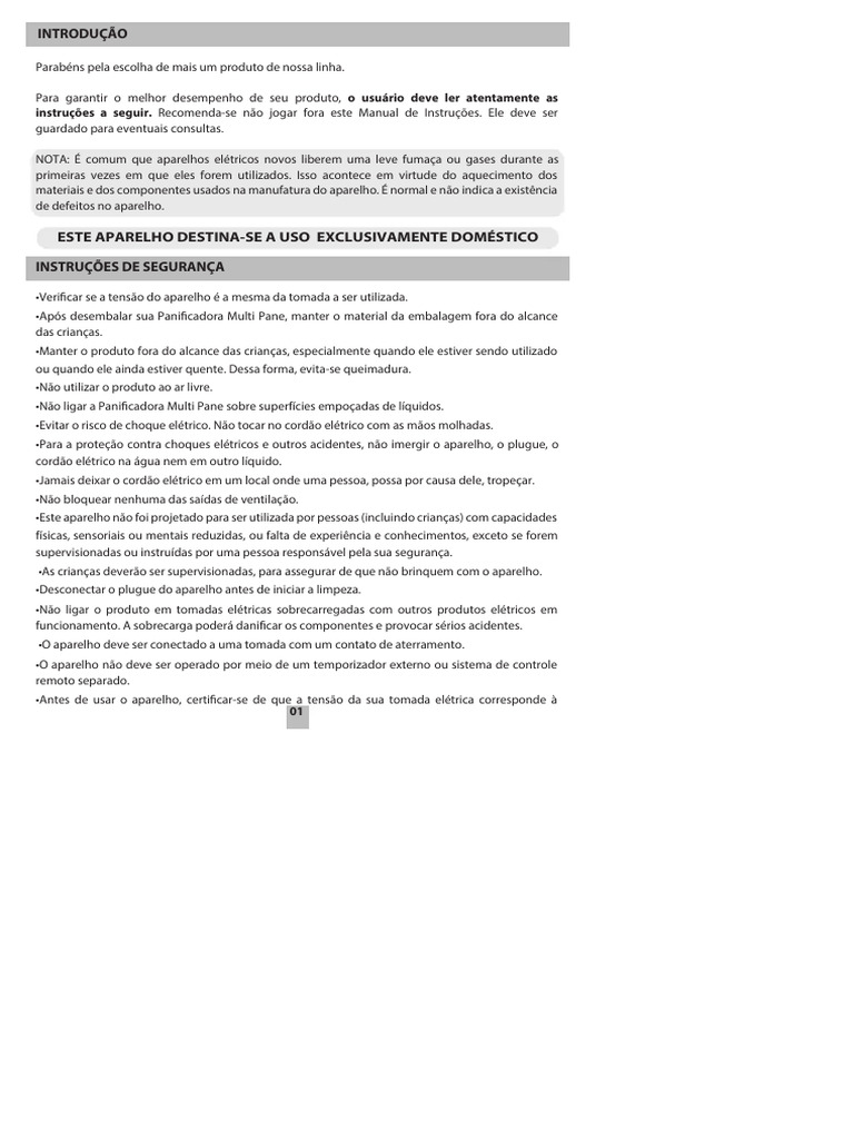 Manual de Instruções Pani cadora Multi Pane | PDF