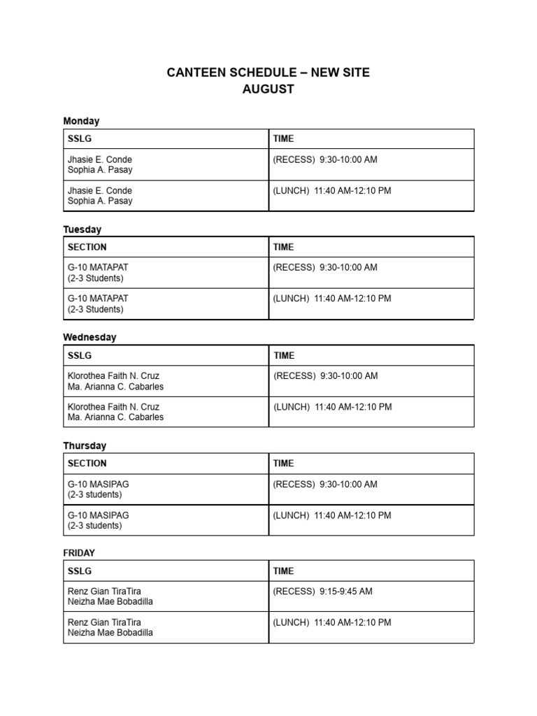 August Canteen Schedule | PDF